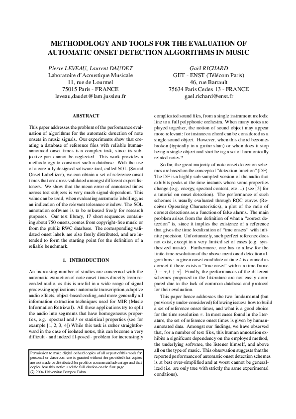 Pdf Methodology And Tools For The Evaluation Of Automatic Onset Detection Algorithms In Music