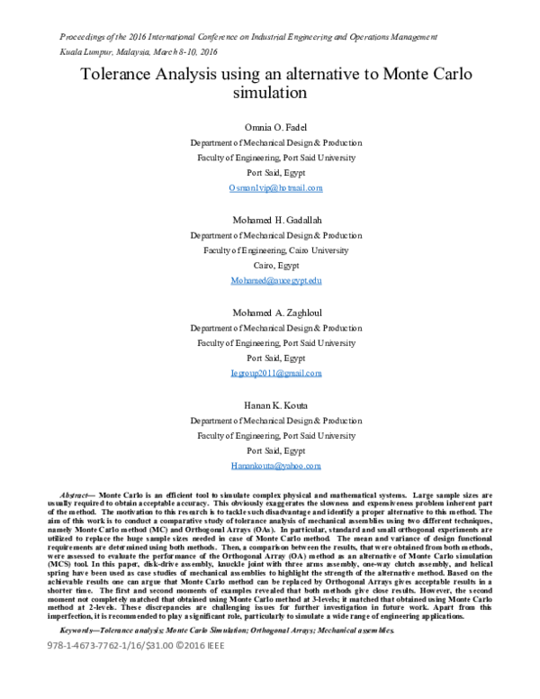(PDF) Tolerance Analysis using an alternative to Monte Carlo simulation