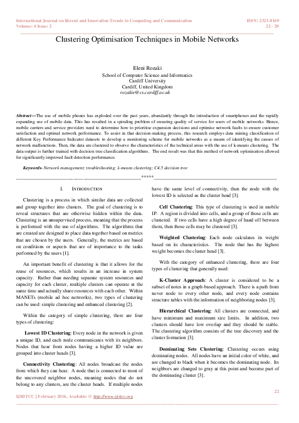 Pdf Clustering Optimisation Techniques In Mobile Networks