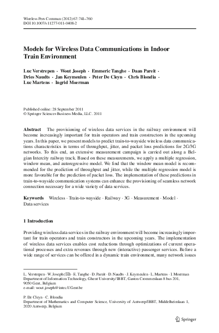 (PDF) Models for Wireless Data Communications in Indoor Train Environment