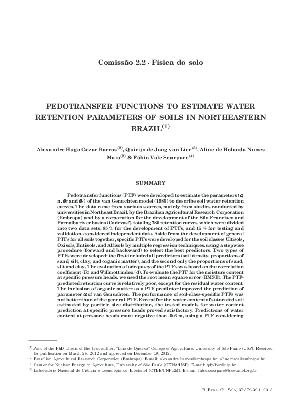 (PDF) Pedotransfer functions to estimate water retention parameters of soils in northeastern Brazil