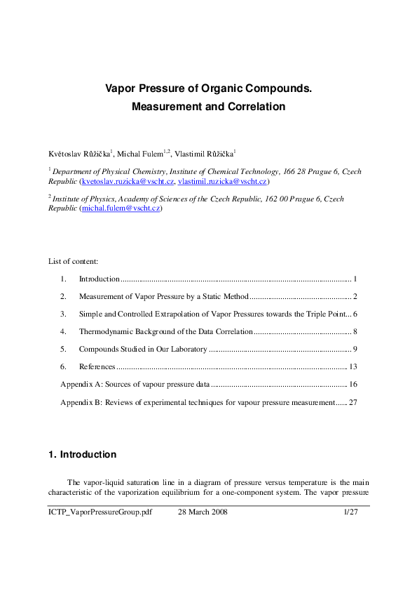 (PDF) Vapor Pressure of Organic Compounds. Measurement and Correlation