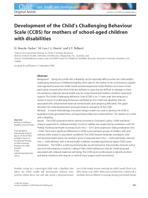 (PDF) Development of the Child's Challenging Behaviour Scale (CCBS) for ...