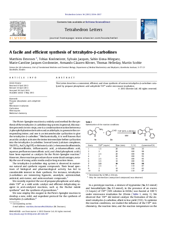 (PDF) A facile and efficient synthesis of tetrahydro-β-carbolines