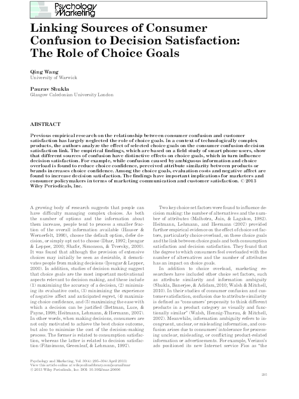 (PDF) Linking Sources of Consumer Confusion to Decision Satisfaction ...