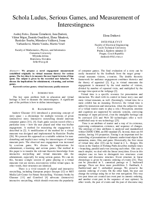 (PDF) Schola ludus, serious games, and measurement of interestingness