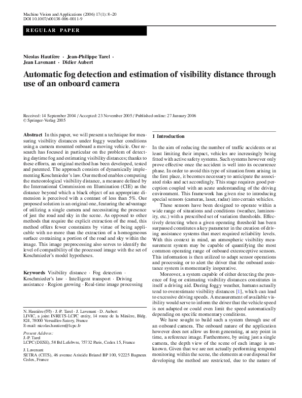 Pdf Automatic Fog Detection And Estimation Of Visibility Distance Through Use Of An Onboard Camera