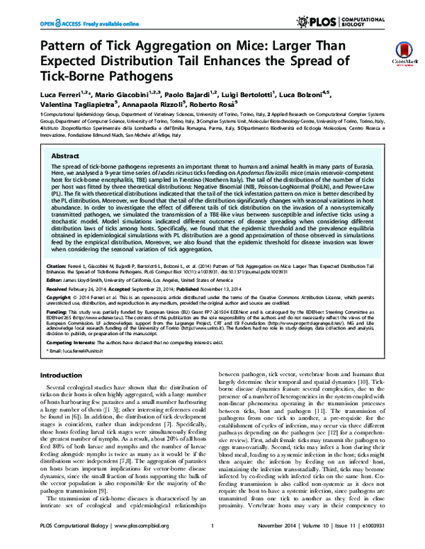 (PDF) Pattern of Tick Aggregation on Mice: Larger Than Expected Distribution Tail Enhances the ...
