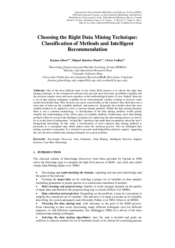 (PDF) Choosing the right data mining technique: classification of methods and intelligent ...