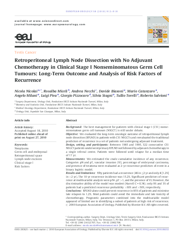 (PDF) Retroperitoneal Lymph Node Dissection with No Adjuvant Chemotherapy in Clinical Stage I ...