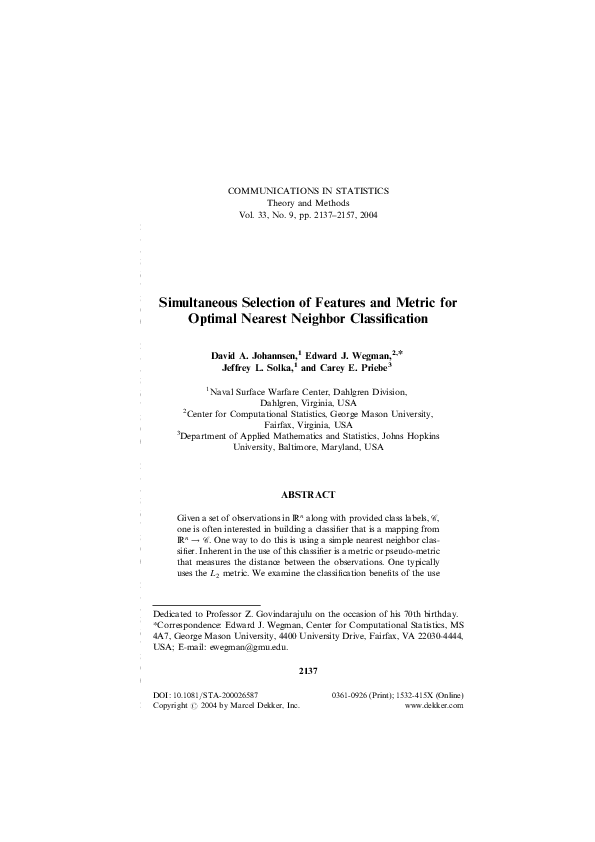 (PDF) Simultaneous Selection of Features and Metric for Optimal Nearest Neighbor Classification