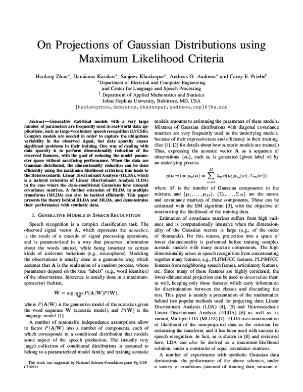 Pdf On Projections Of Gaussian Distributions Using Maximum Likelihood Criteria