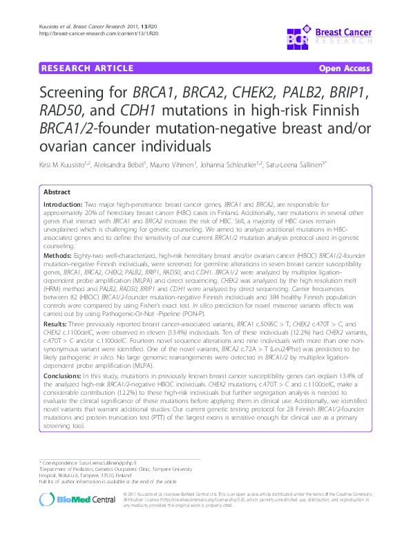 (PDF) Screening for BRCA1, BRCA2, CHEK2, PALB2, BRIP1, RAD50, and CDH1 mutations in high-risk ...