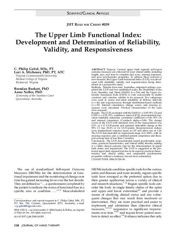 (PDF) The Upper Limb Functional Index: Development and Determination of Reliability, Validity ...