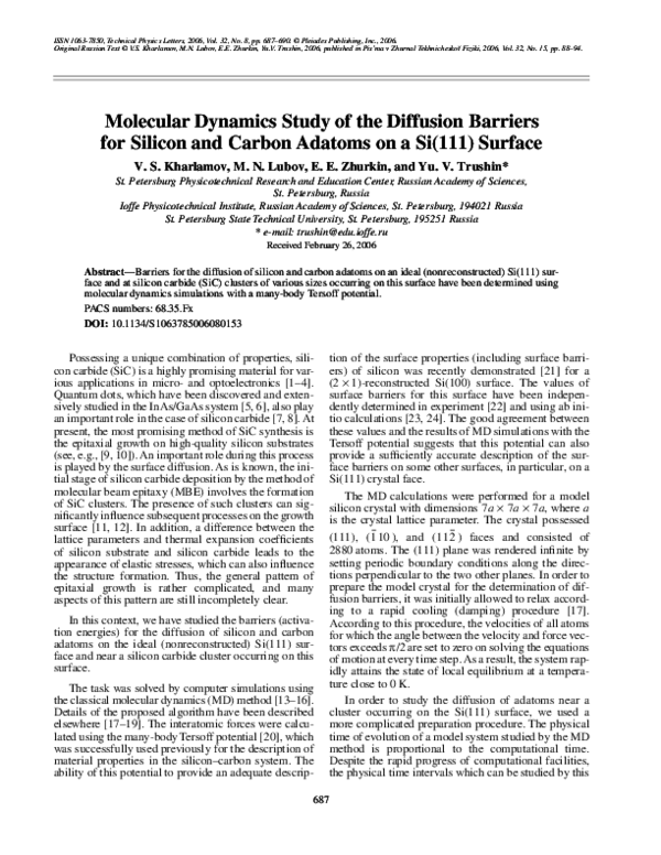 Pdf Diffusion Barriers Of Si And C Adatoms On Si 111