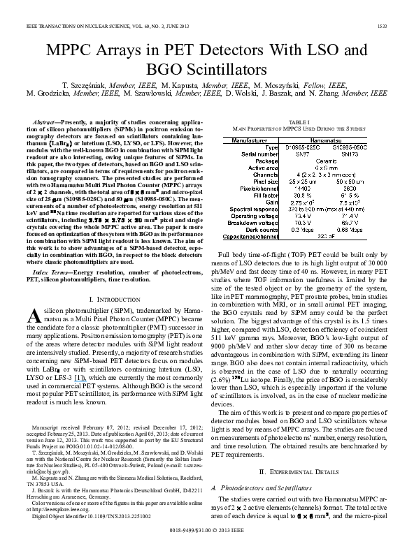 (PDF) MPPC Arrays in PET Detectors With LSO and BGO Scintillators