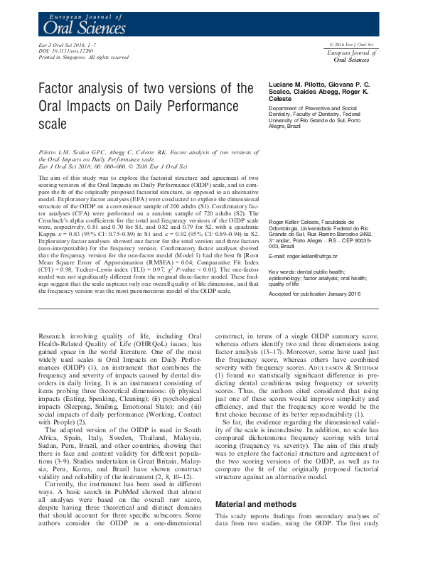 (PDF) Factor analysis of two versions of the Oral Impacts on Daily ...