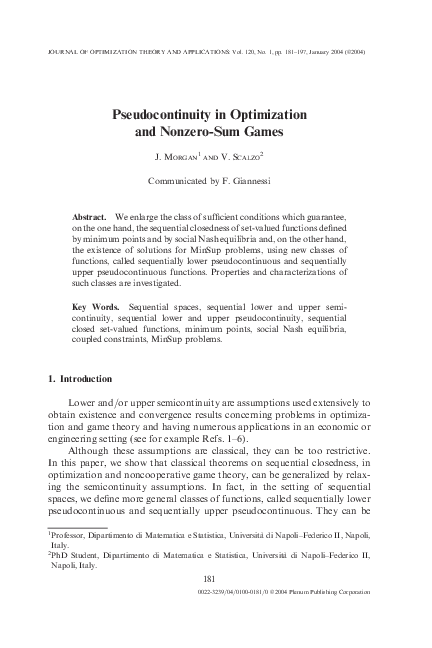 (PDF) Pseudocontinuity in Optimization and Nonzero-Sum Games