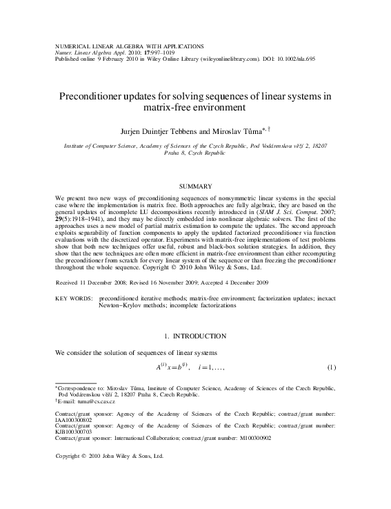 Pdf Preconditioner Updates For Solving Sequences Of Linear Systems In Matrix Free Environment