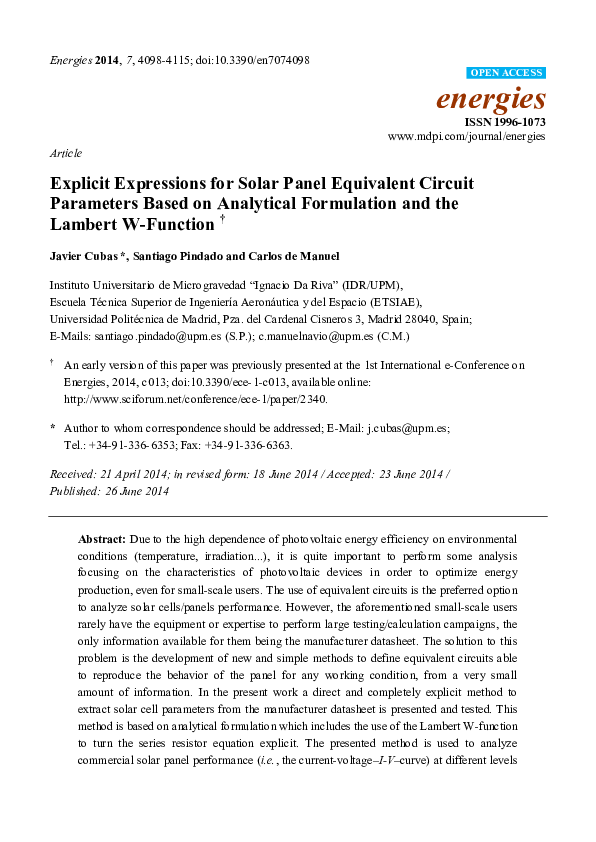 (PDF) Explicit Expressions for Solar Panel Equivalent Circuit Parameters Based on Analytical ...