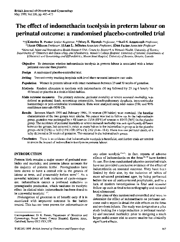 (PDF) The effect of indomethacin tocolysis in preterm labour on ...