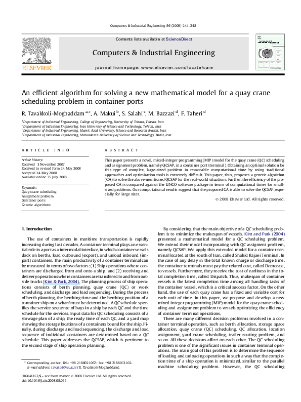 Pdf An Efficient Algorithm For Solving A New Mathematical Model For A Quay Crane Scheduling