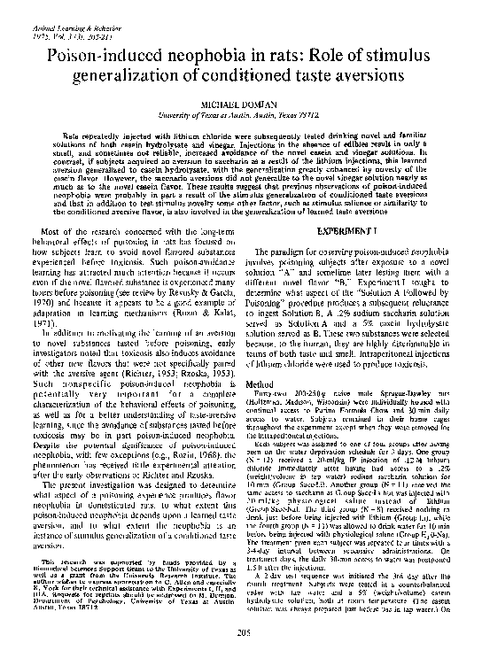 (PDF) Poison-induced neophobia in rats: Role of stimulus generalization ...