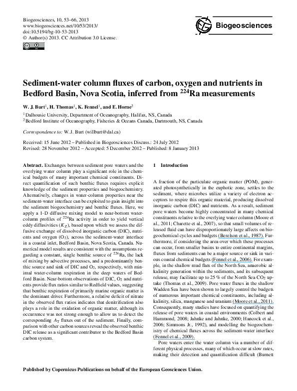 (PDF) Sediment-water column fluxes of carbon, oxygen and nutrients in Bedford Basin, Nova Scotia ...