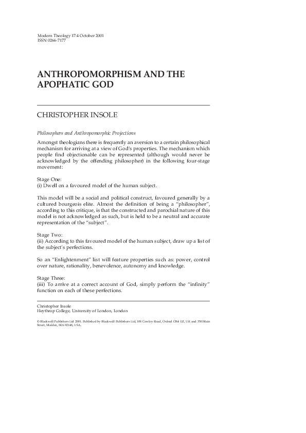 (PDF) Anthropomorphism and the Apophatic God