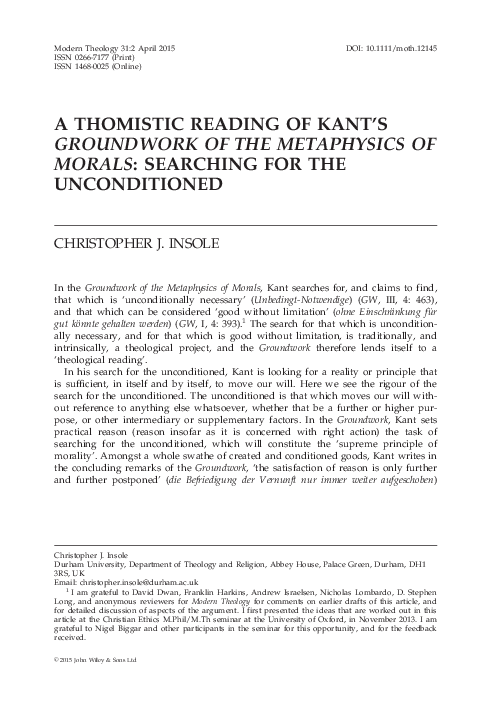 (PDF) A THOMISTIC READING OF KANT'S GROUNDWORK OF THE METAPHYSICS OF ...