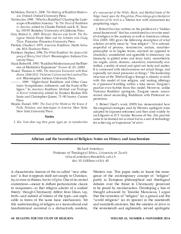 "Atheism and the Invention of Religion: Notes on History and Anachronism"