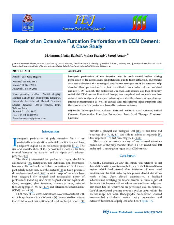 (PDF) Repair of an Extensive Furcation Perforation with CEM Cement: A Case Study