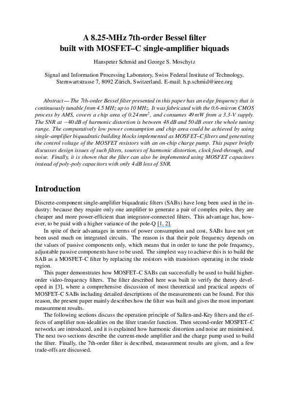 (PDF) A 8.25MHz 7th-order Bessel filter built with MOSFET-C single ...