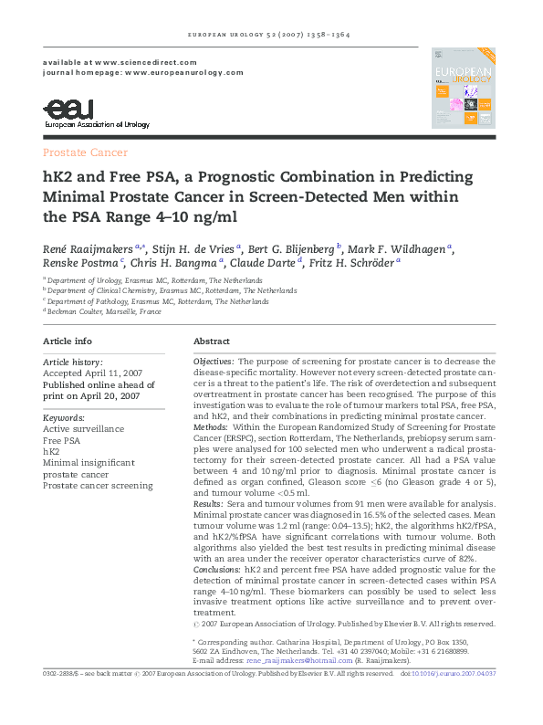 (PDF) hK2 and Free PSA, a Prognostic Combination in Predicting Minimal Prostate Cancer in Screen ...