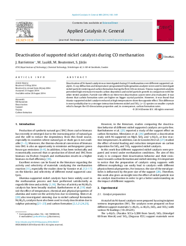 (PDF) Deactivation of supported nickel catalysts during CO methanation