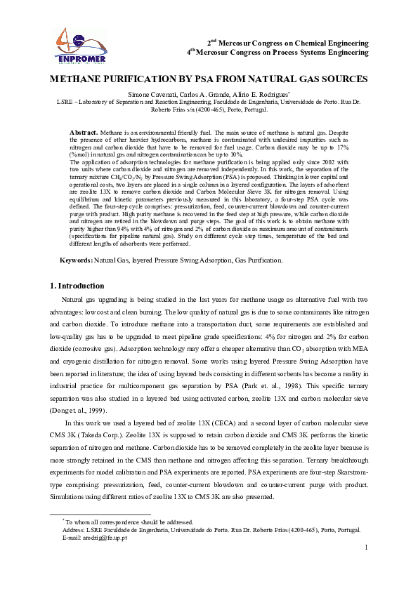 (PDF) Methane Purification by Psa From Natural Gas Sources