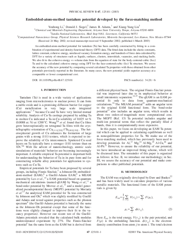(PDF) Embedded-atom-method tantalum potential developed by the force-matching method
