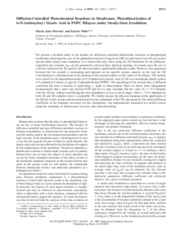 (PDF) Diffusion-Controlled Photochemical Reactions in Membranes. Photodimerization of 6-(9 ...