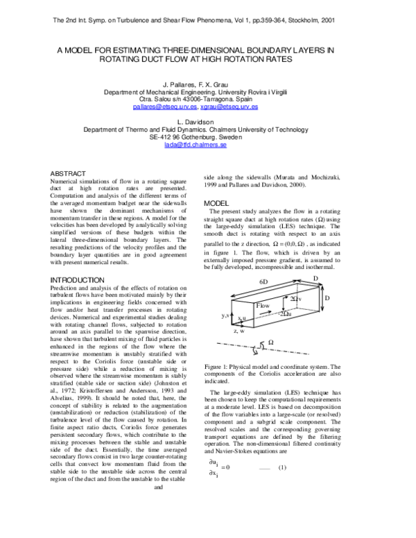 Pdf A Model For Estimating Three Dimensional Boundary Layers In Rotating Duct Flow At High