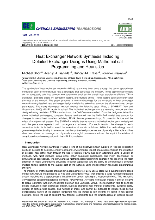 (PDF) Heat Exchanger Network Synthesis Including Detailed Exchanger Designs Using Mathematical ...