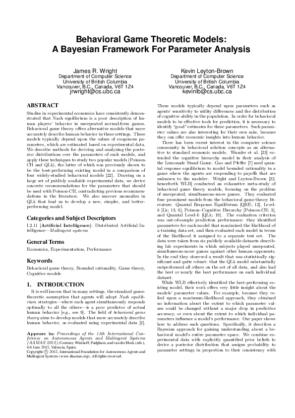 Pdf Behavioral Game Theoretic Models A Bayesian Framework For Parameter Analysis