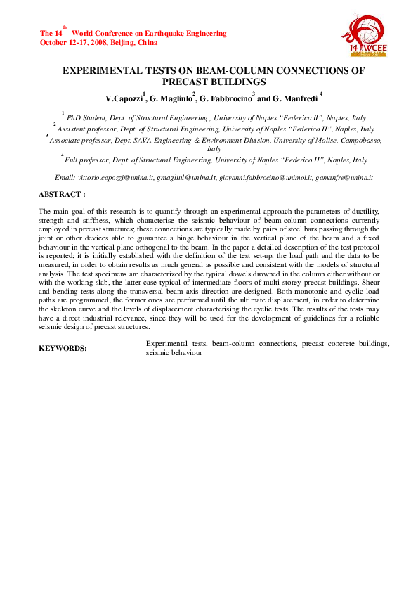 Pdf Experimental Tests On Beam Column Connections Of Precast Buildings