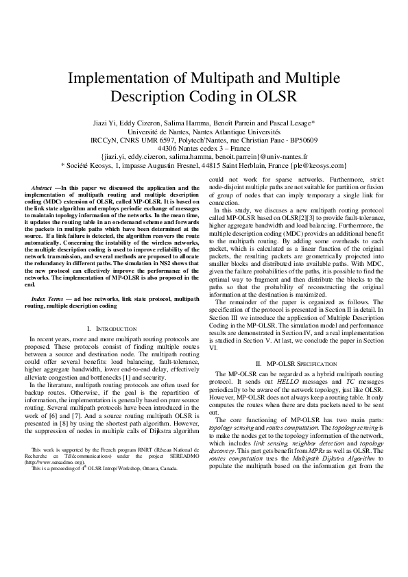 (PDF) Implementation of Multipath and Multiple Description Coding in OLSR