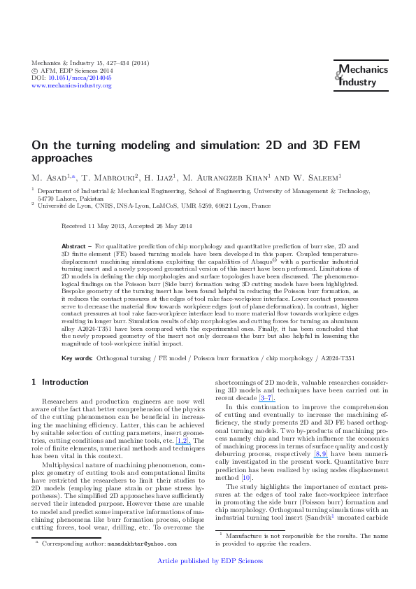 Pdf On The Turning Modeling And Simulation 2d And 3d Fem Approaches