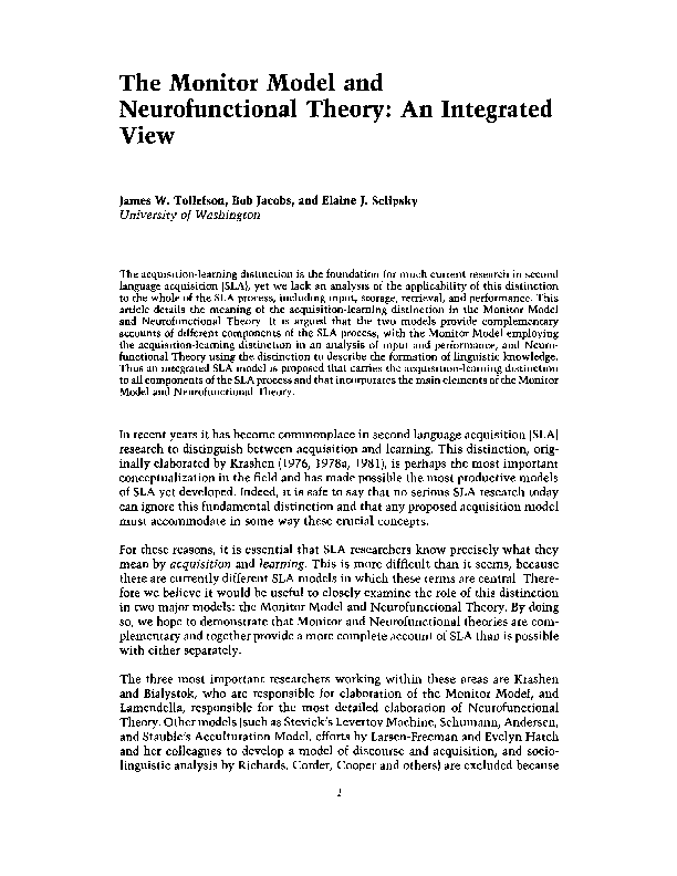 (PDF) The Monitor Model and Neurofunctional Theory: An Integrated View