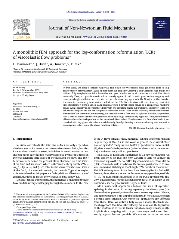 (PDF) A monolithic FEM approach for the log-conformation reformulation (LCR) of viscoelastic ...