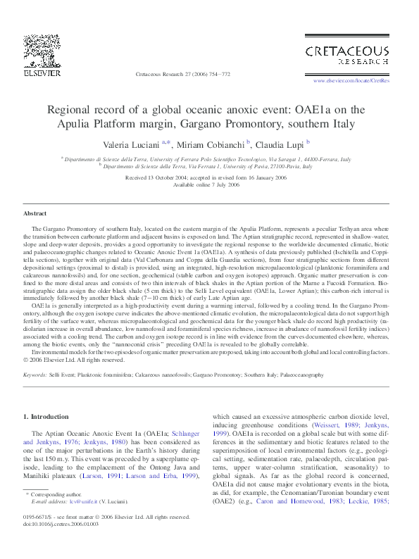 (PDF) Regional record of a global oceanic anoxic event: OAE1a on the ...