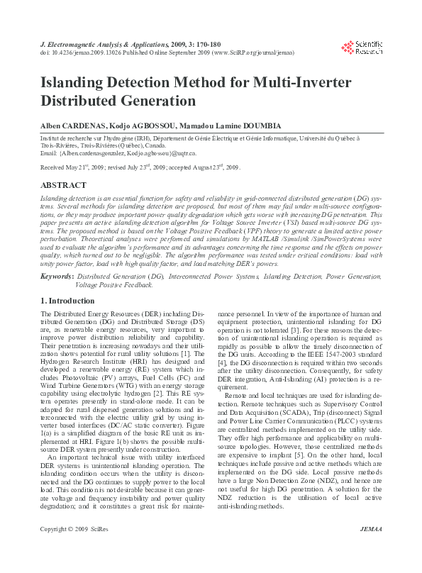 Pdf Islanding Detection Method For Multi Inverter Distributed Generation