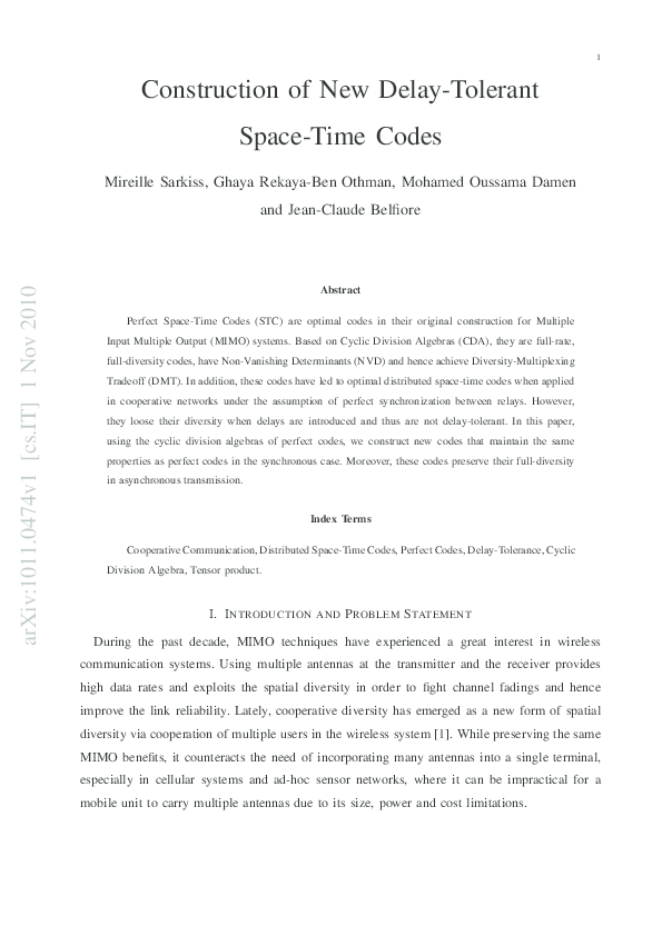 (PDF) Construction of new delay-tolerant space-time codes