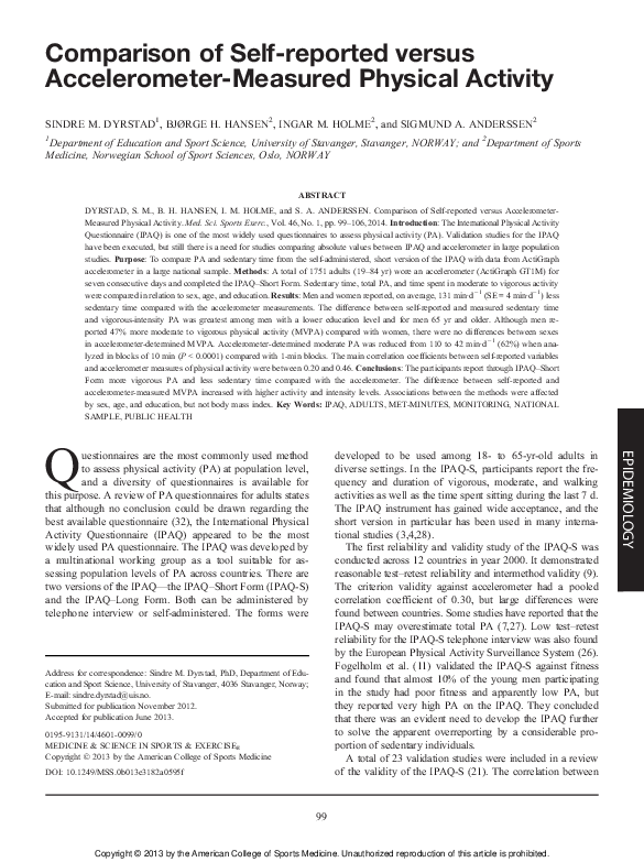 (PDF) Comparison of Self-reported versus Accelerometer-Measured Physical Activity